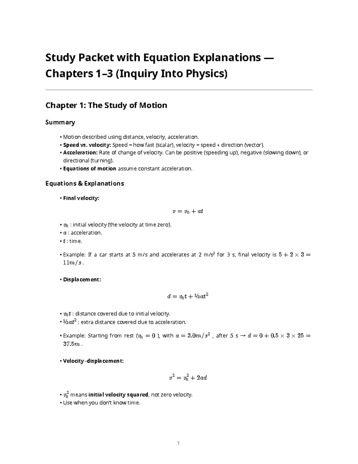 Inquiry Into Physics Study Packet: Chapters 1-4 Summary & Equations ...