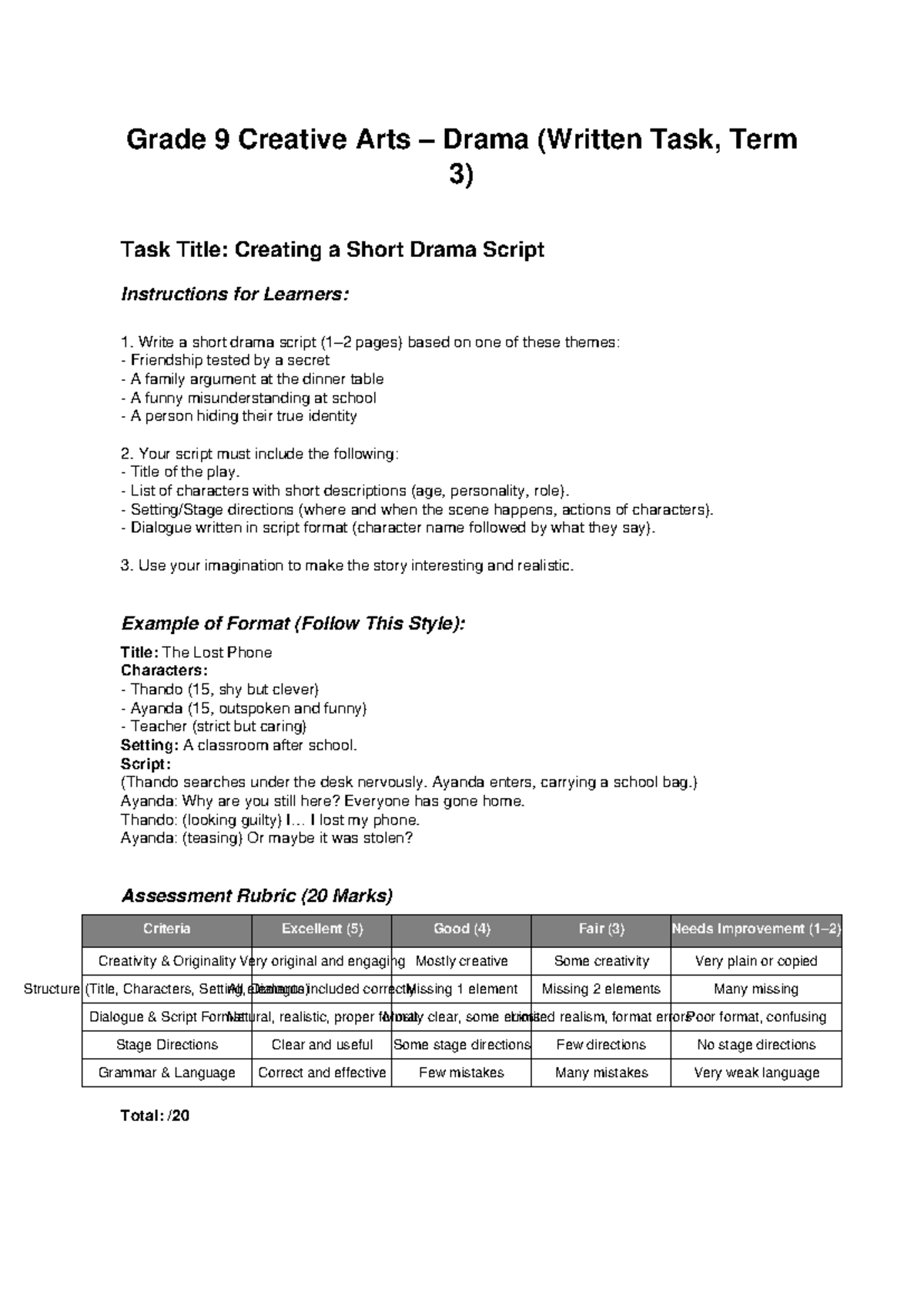 Grade 9 Drama Written Task: Creating a Short Script for Term 3 - Studocu