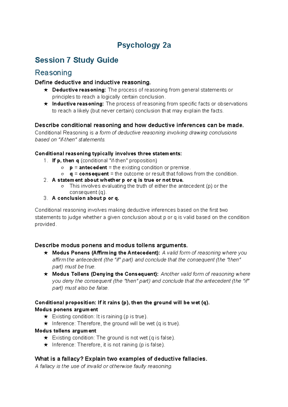 Psychology 2A study guide for sessions 7 to 9: Reasoning and language ...