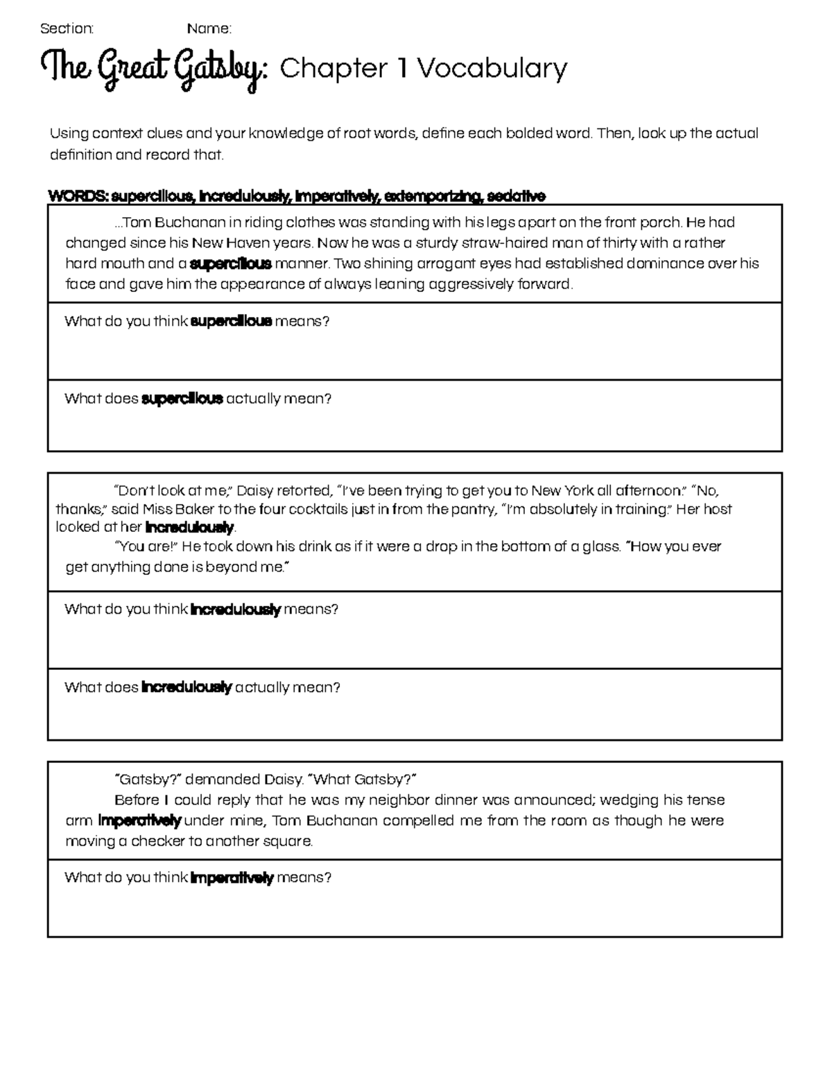 Gatsby Vocabulary in Context: Definitions and Analysis (Ch 1-9) - Studocu