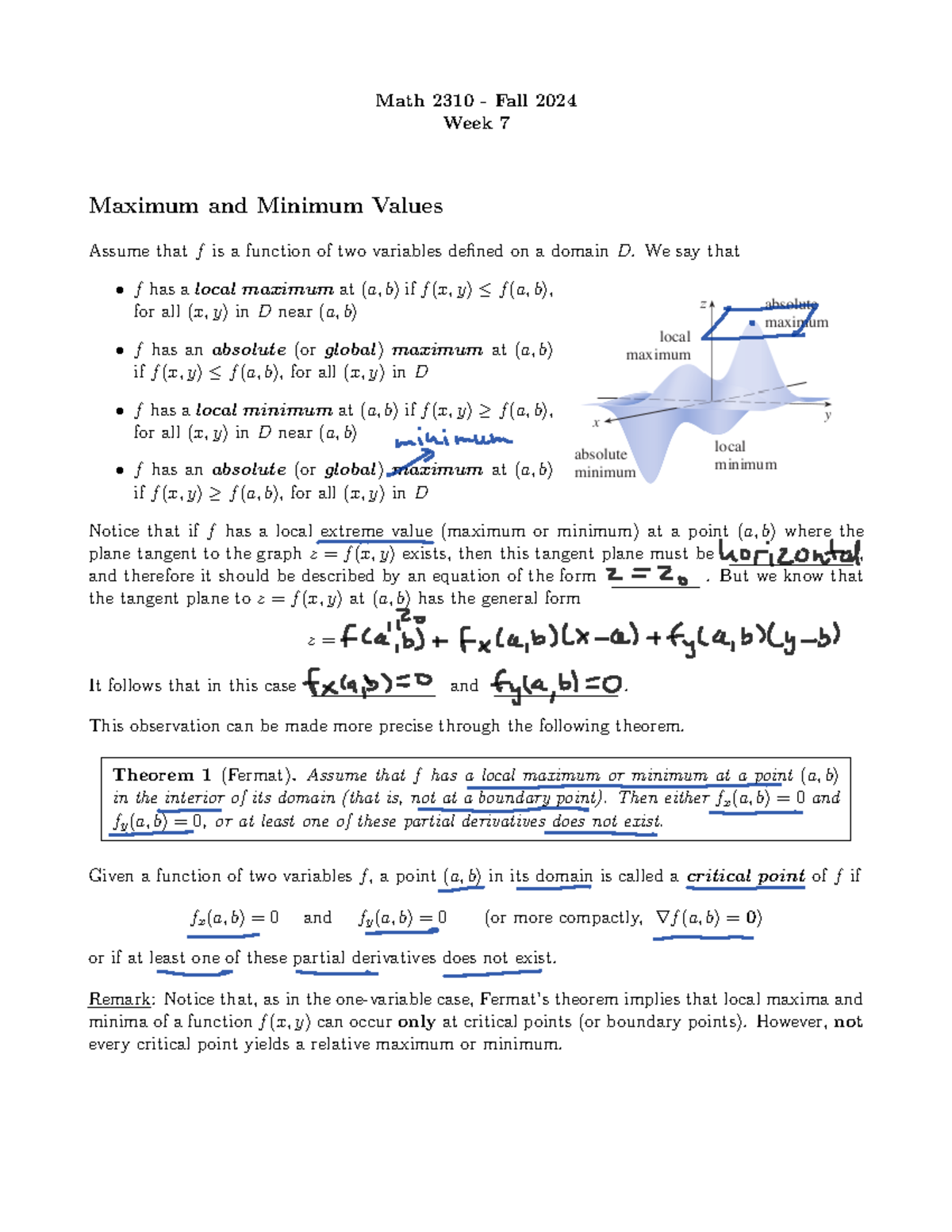 Maximum and Minimum Values - Math 2310 - Fall 2024 Week 7 Maximum and Minimum Values Assume that ...