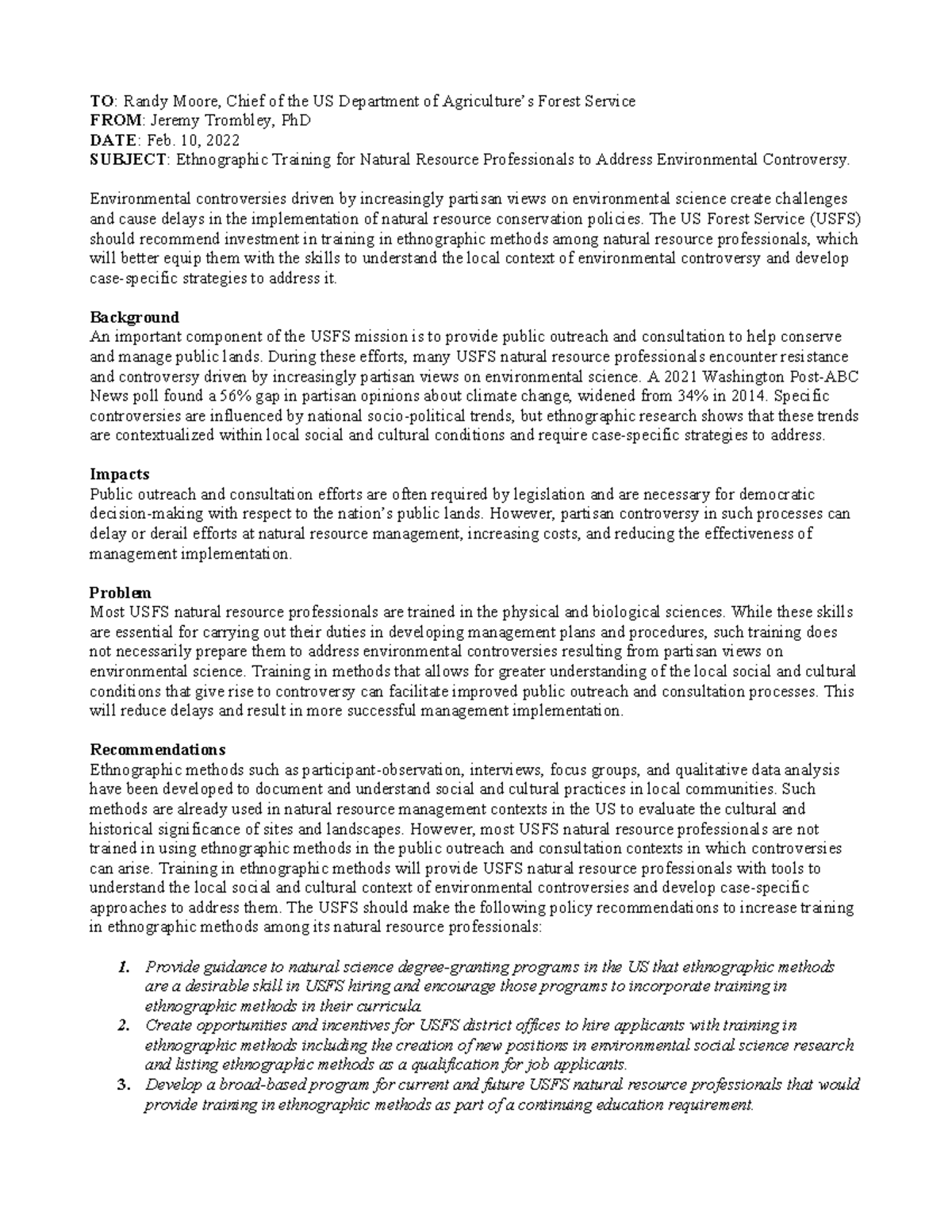 Ethnographic Training for USFS Professionals: Addressing Environmental ...