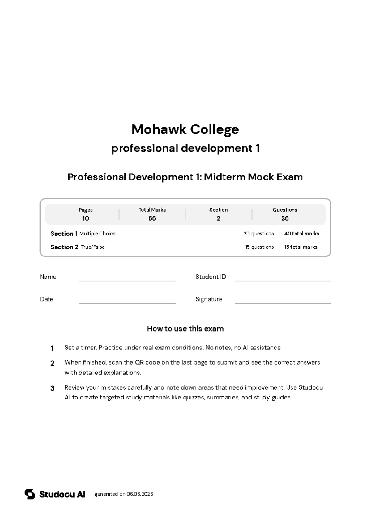 Professional Development 1: Midterm Mock Exam - Studocu