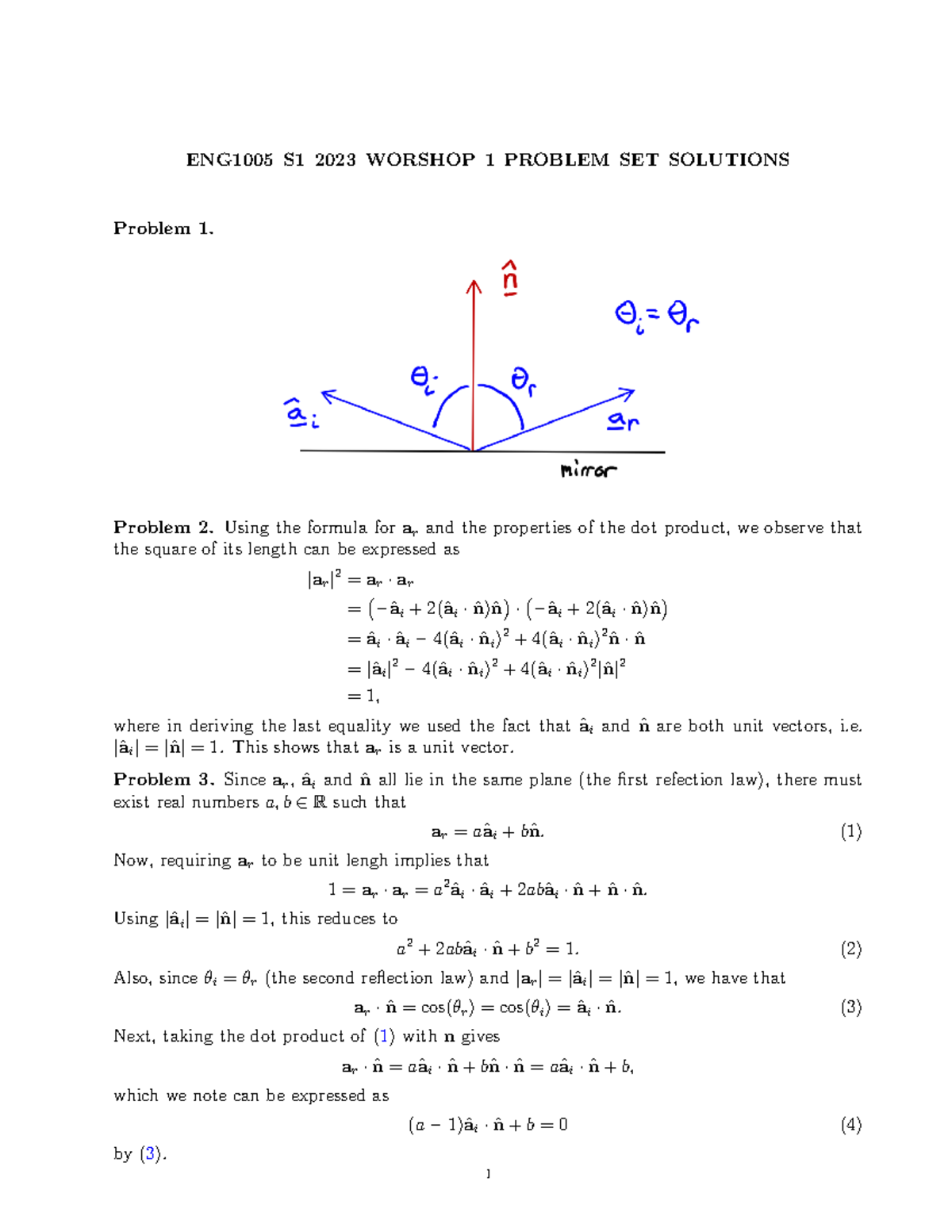 ENG1005 S1 2023 Workshop 1: Vectors, Lines, and Planes Solutions - Studocu
