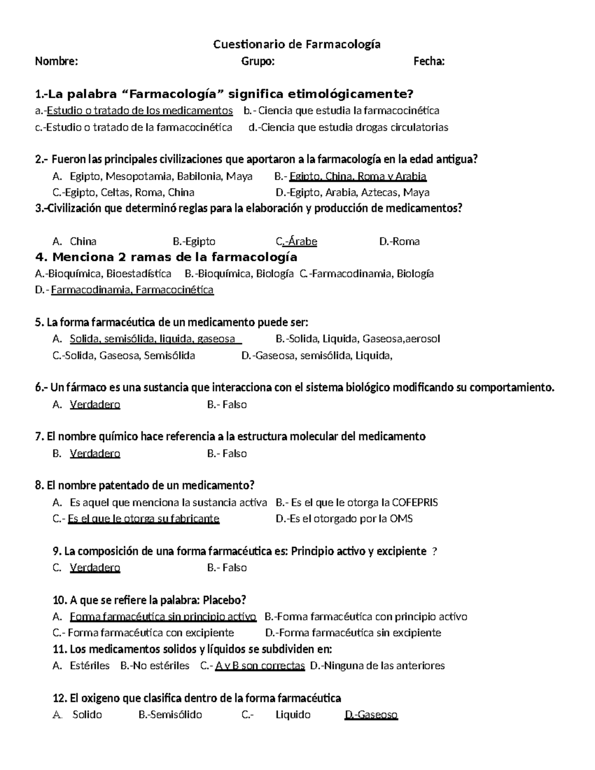 Cuestionario de Farmacología - Preguntas y Respuestas - Studocu