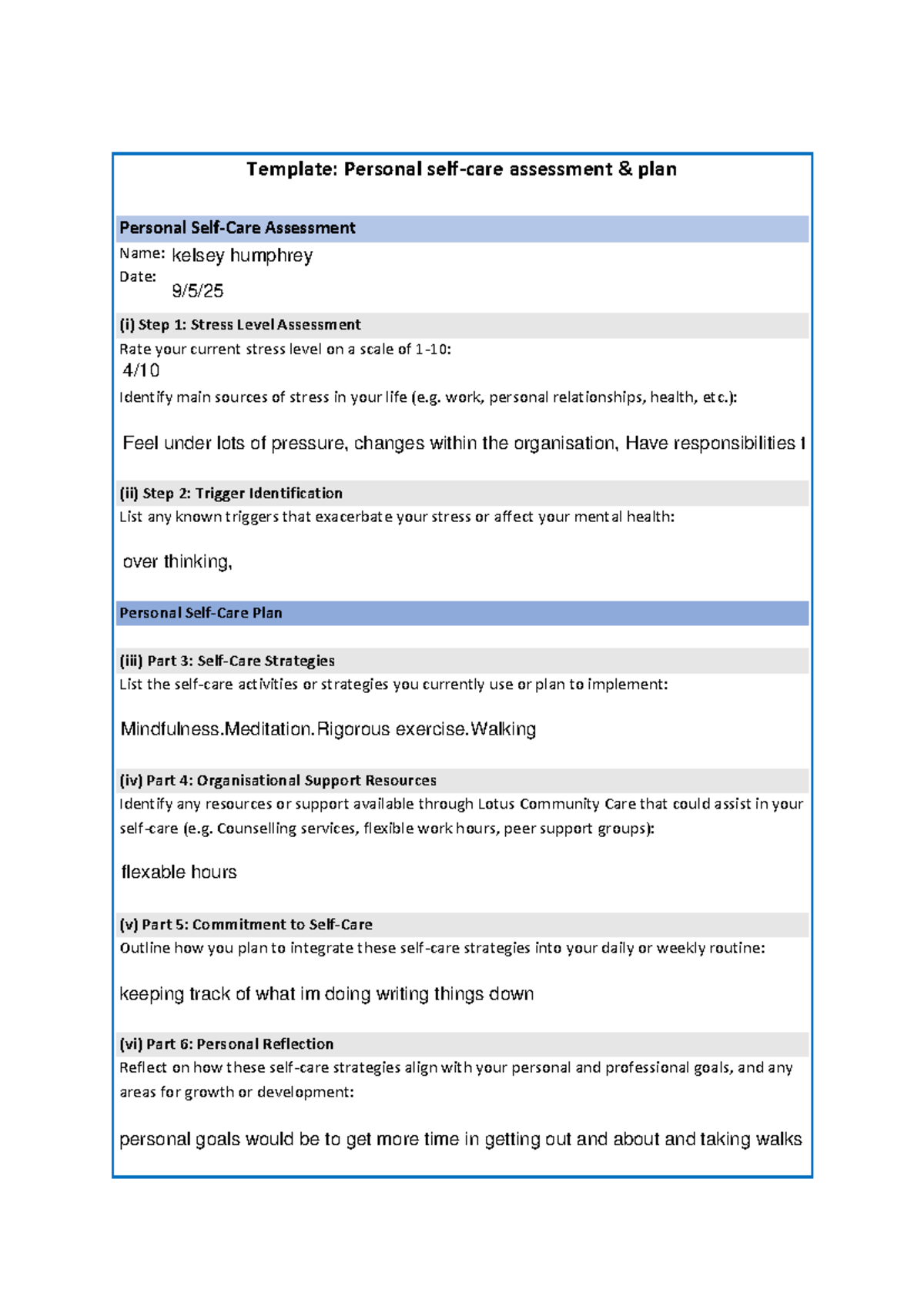 Personal Self-Care Assessment Plan Template: Task 4 - Studocu