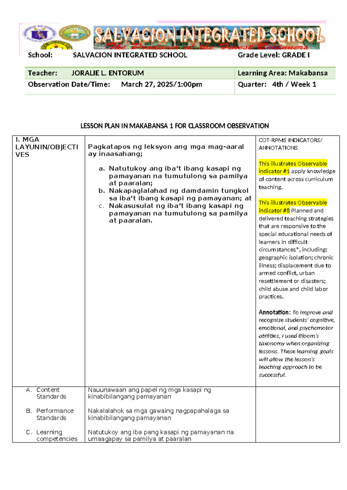 LP Makabansa 1: Lesson Plan for Grade I Classroom Observation - Studocu