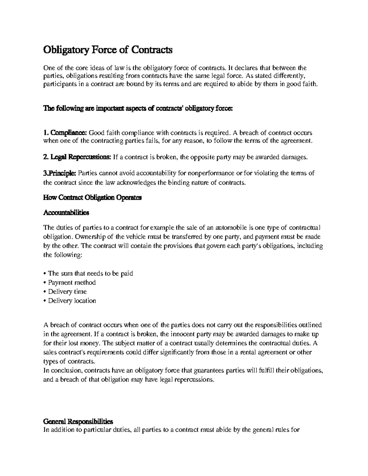 Obligatory Force of Contracts: Legal Binding & Responsibilities - Studocu