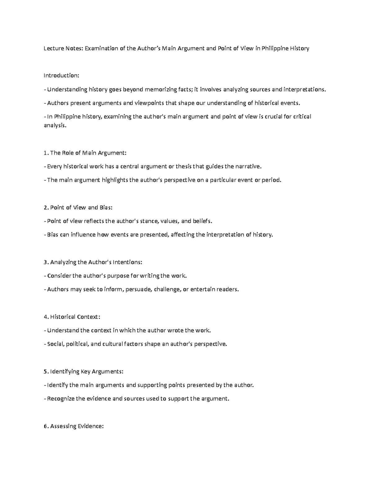 Lecture Notes: Analyzing Author's Argument in Philippine History - Studocu