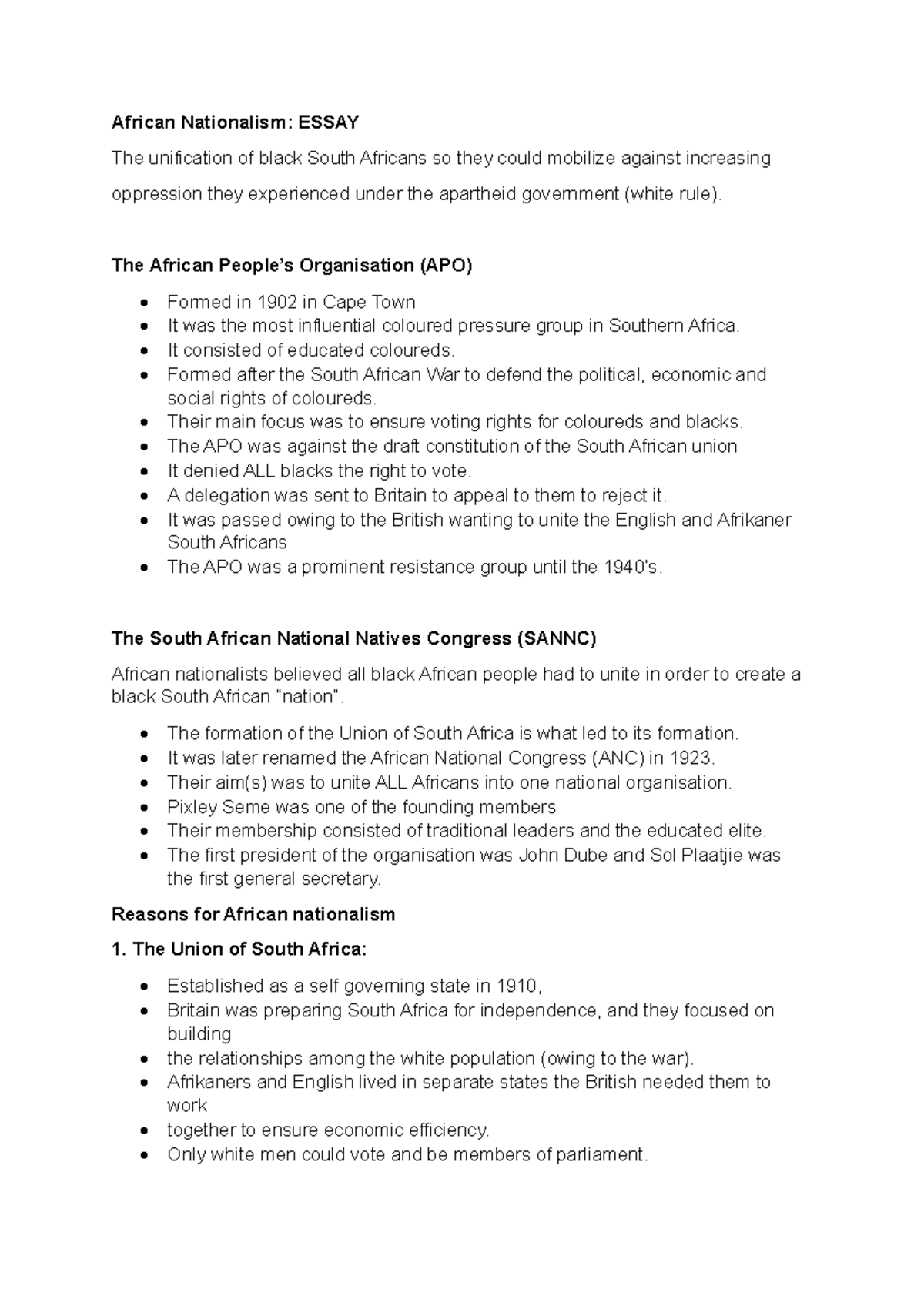 African Nationalism: ESSAY Notes on the Rise and Impact of the ANC ...