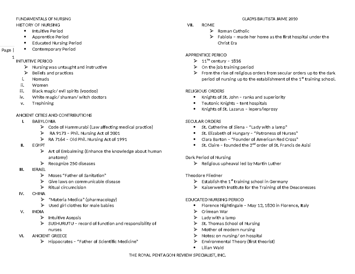 Funda Pentagon - Review Notes - Page | 1 HISTORY OF NURSING Intuitive ...