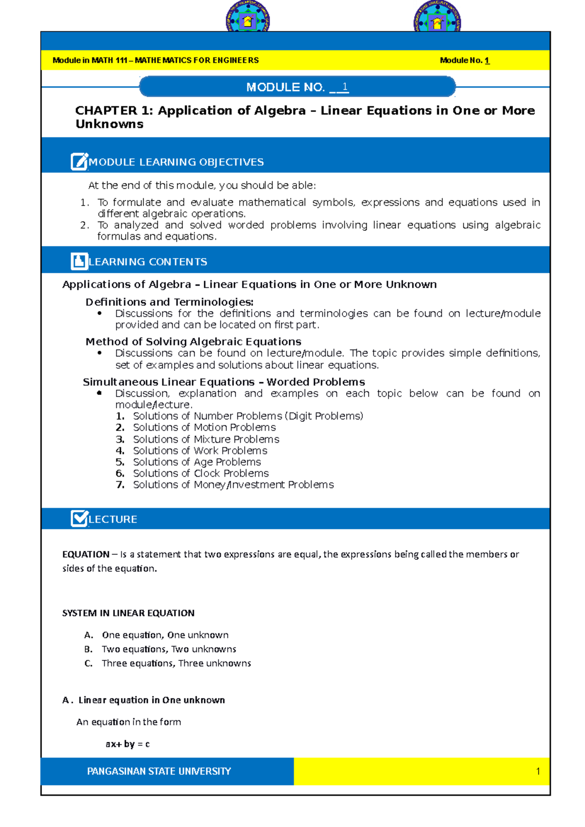 MATH 111-Module-1 - Math for civil engineering. Mathematics for ...