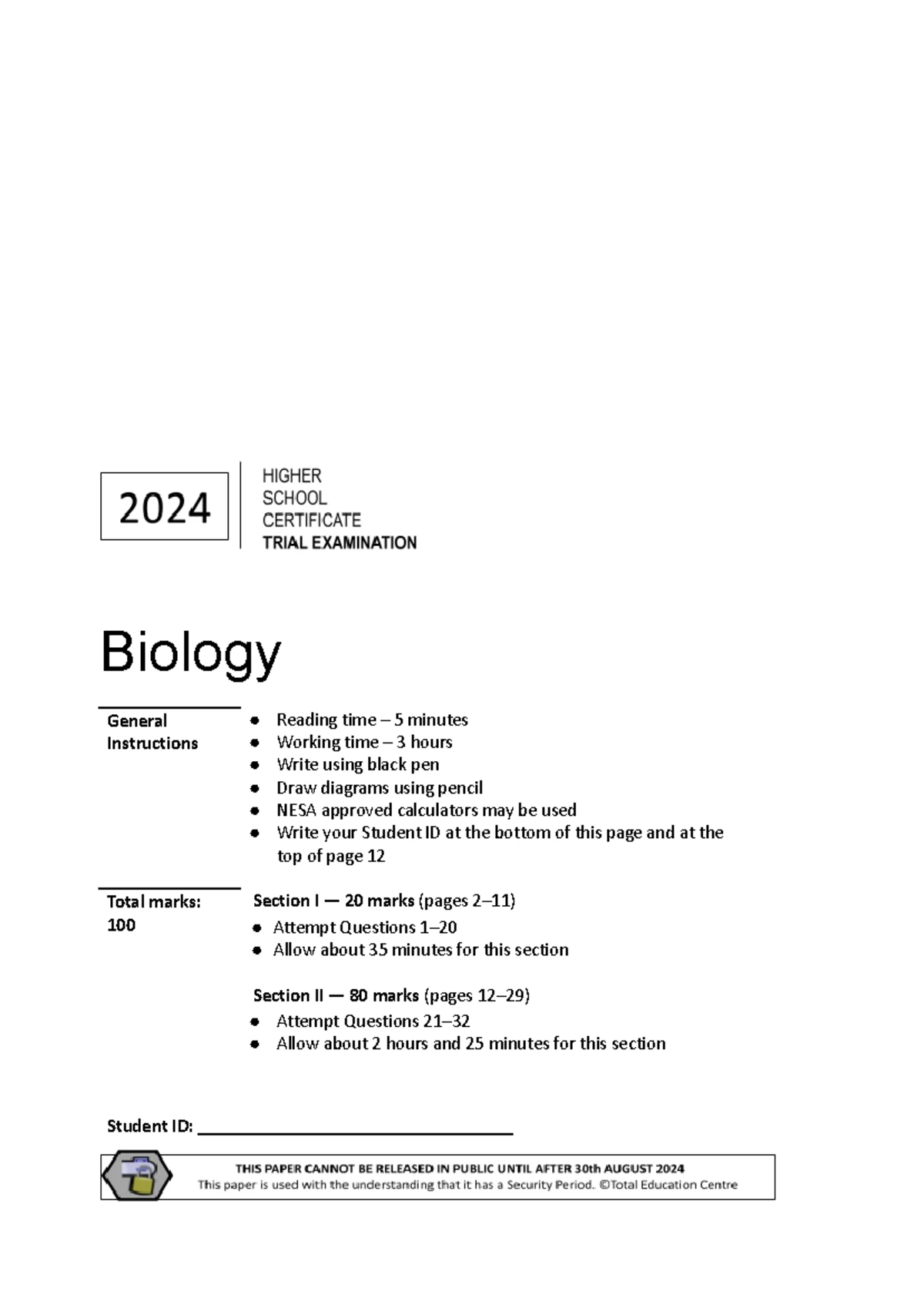 PEM 2024 Biology Trial HSC Exam Paper and Student Instructions - Studocu