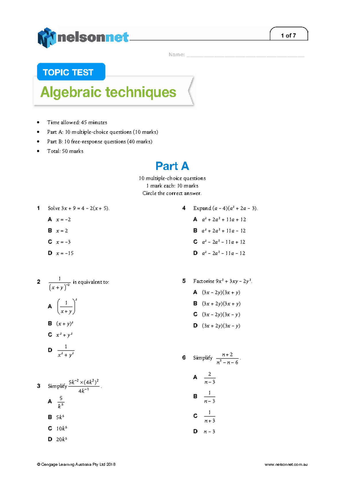 Algerbraic techniques topic test math adv - Name ...