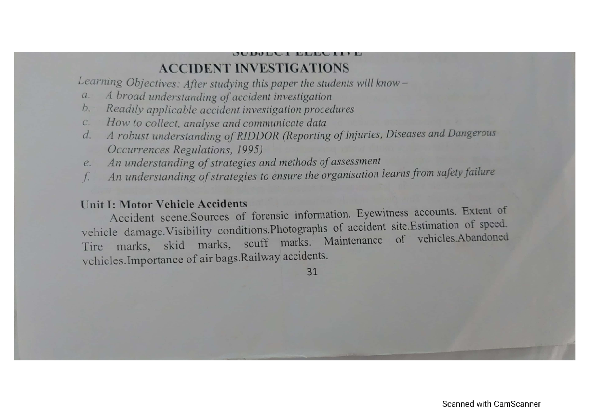 ACCIDENT INVESTIGATIONS & RIDDOR: Learning Objectives & Unit I Details ...
