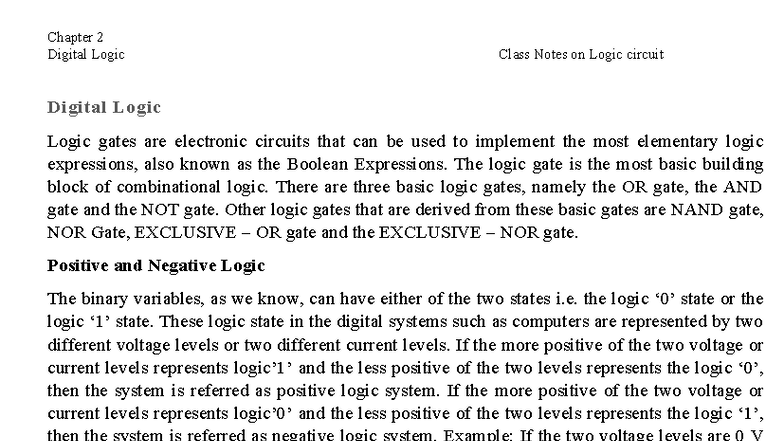 Chapter 2: Digital Logic Class Notes on Logic Gates and Circuits - Studocu
