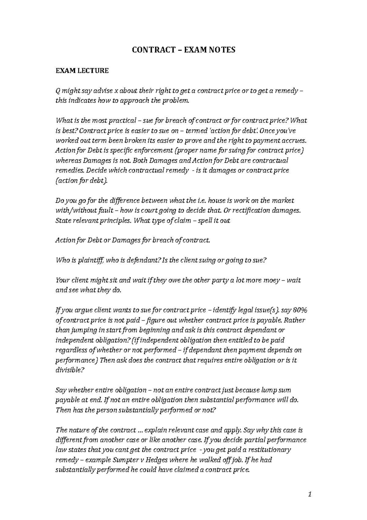 Contract Law Exam Notes - Flinders University Study Guide - Studocu