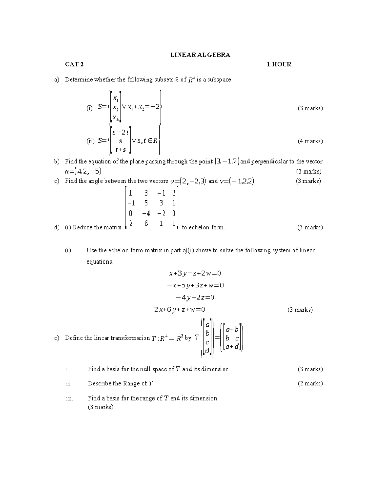 Linear Algebra cat 2 - quick quiz - LINEAR ALGEBRA CAT 2 1 HOUR a ...