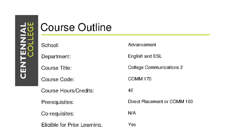 Centennial College COMM 170: College Communications 2 Course Outline ...