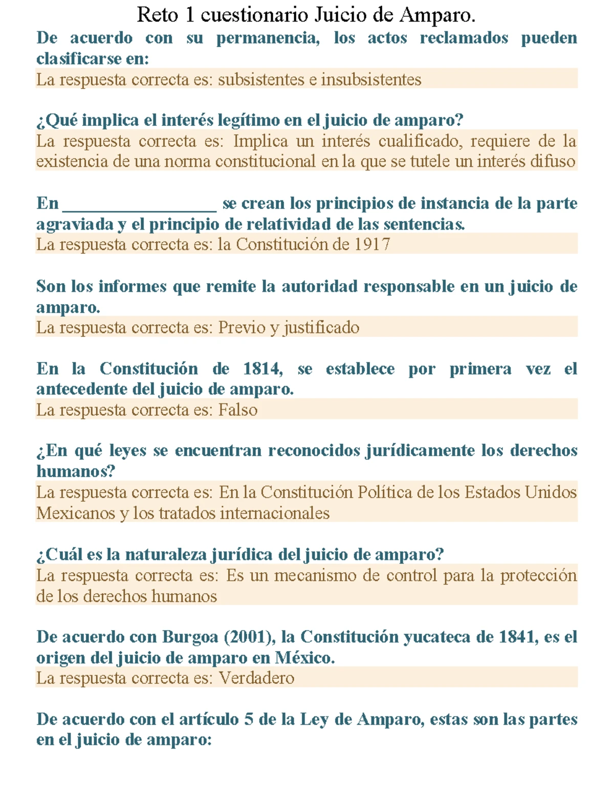 Reto 1: Cuestionario sobre Juicio de Amparo (Derecho) - Studocu