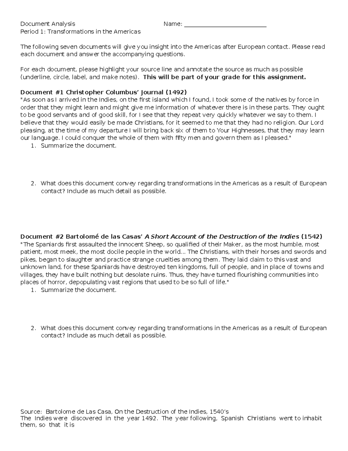 APUSH Document Analysis: Transformations in the Americas Post-Contact ...
