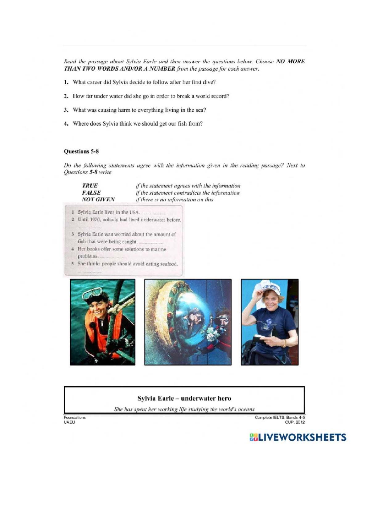 Sylvia Earle: Underwater Hero - Reading Comprehension Exercises - Studocu