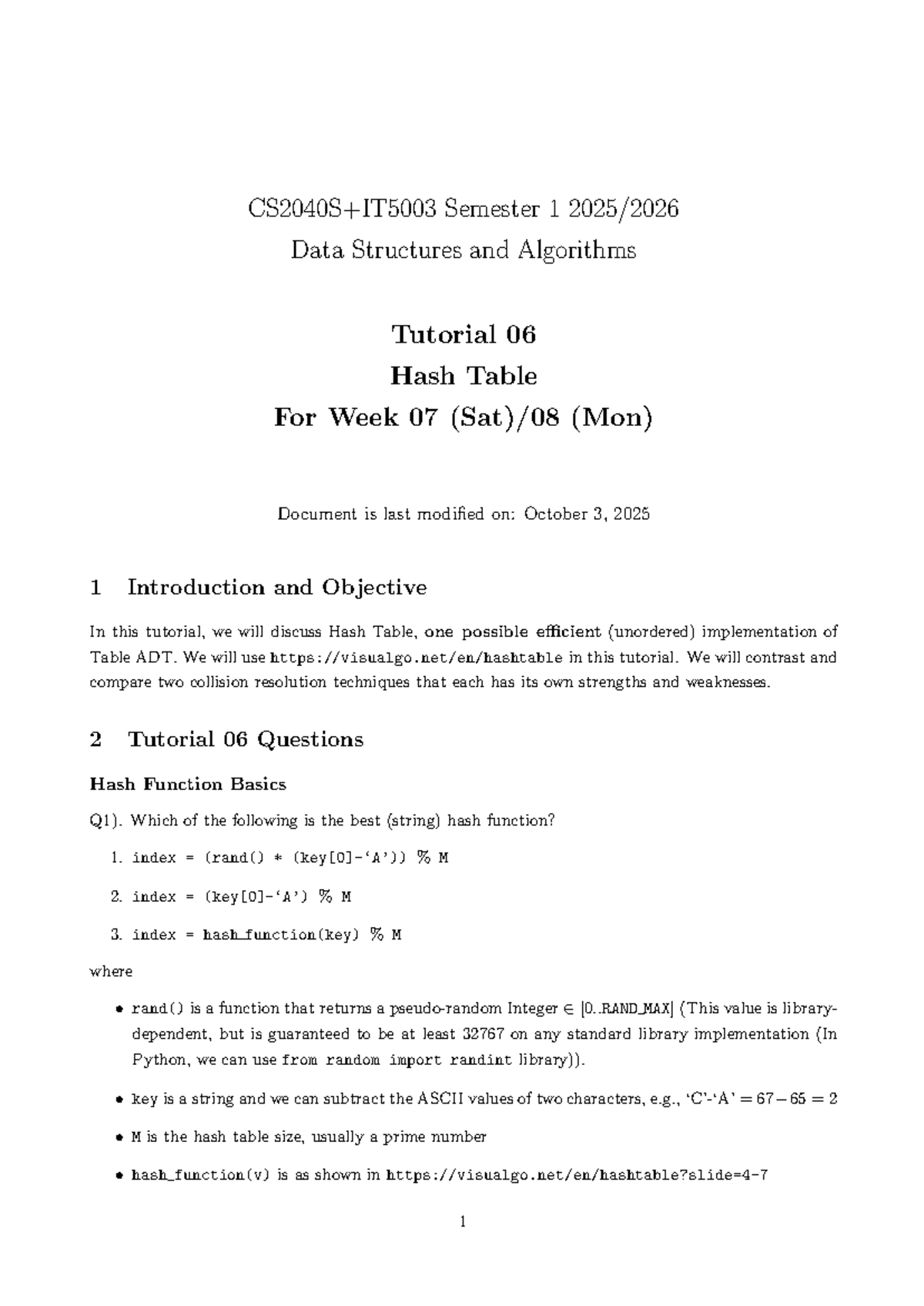 Tutorial 06: Hash Table Concepts and Collision Resolution (CS101) - Studocu