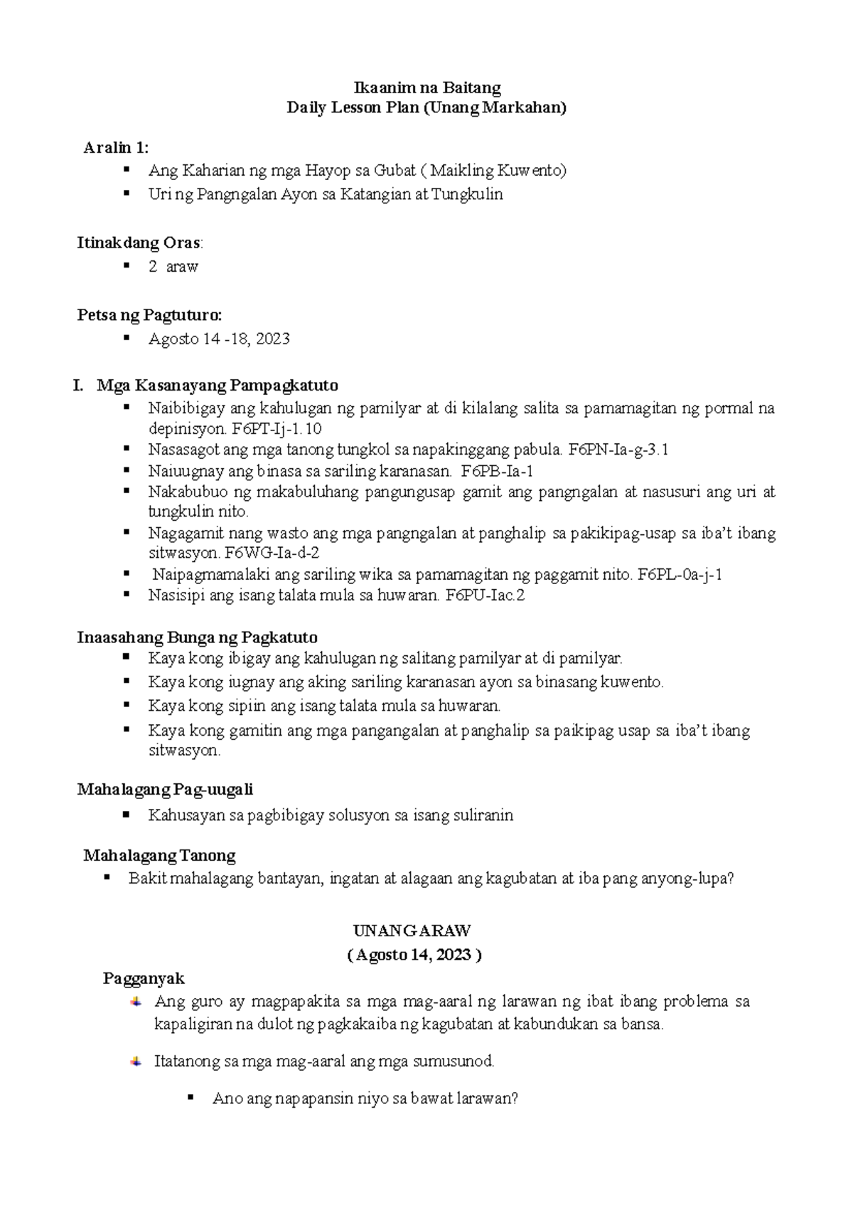 G6 Detailed Lesson Plan: Kaharian ng mga Hayop at Pangngalan - Studocu