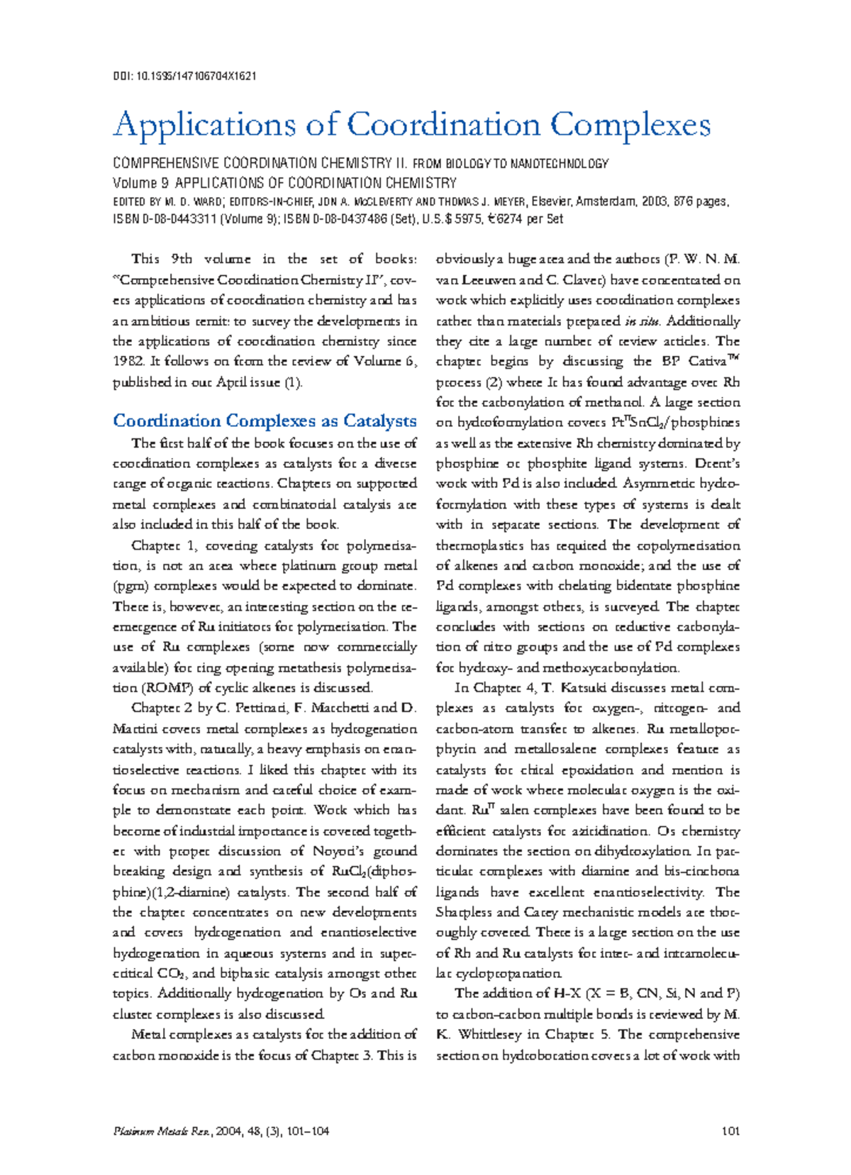 Applications of Coordination Complexes in Catalysis and Beyond (CHEM ...