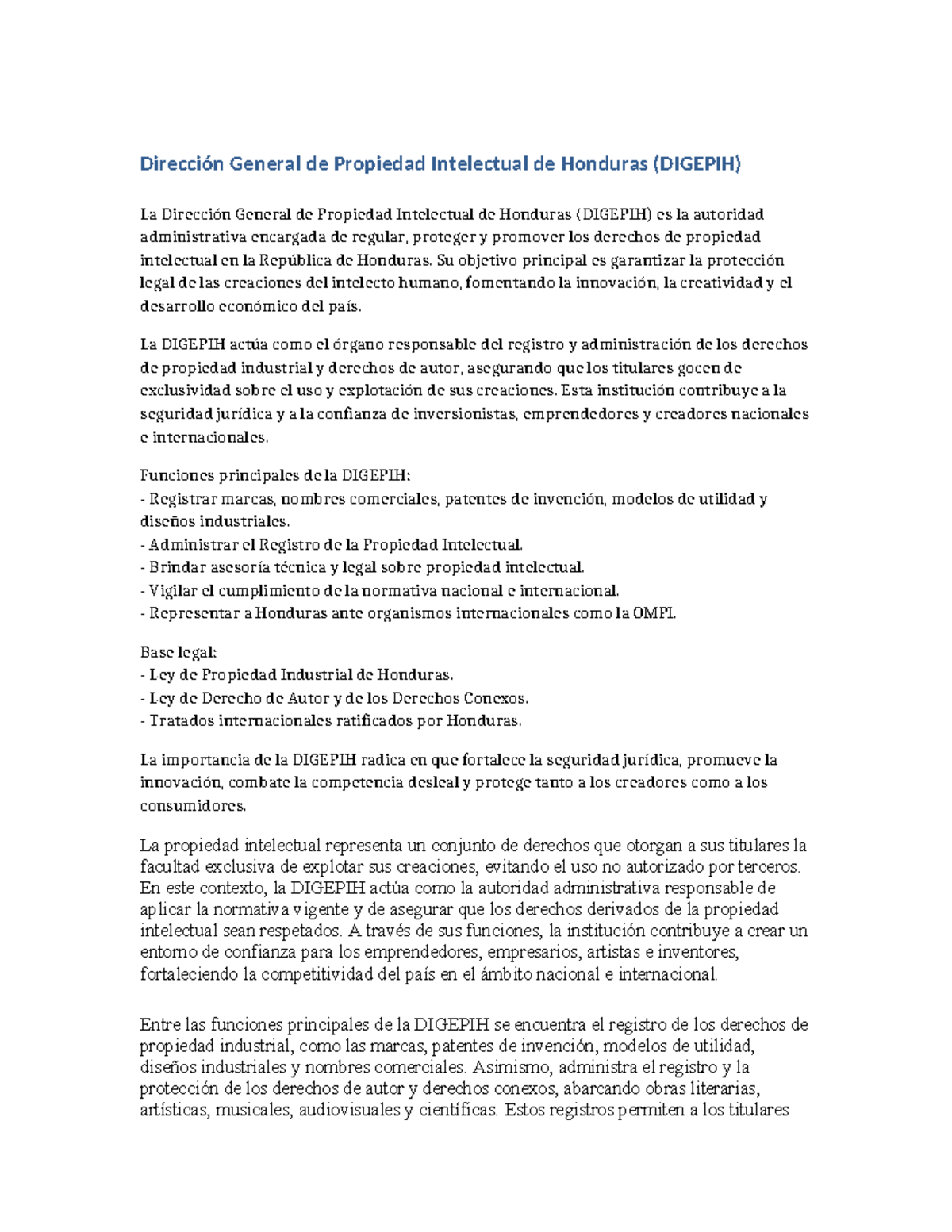 Informe sobre la DIGEPIH: Protección de la Propiedad Intelectual en ...