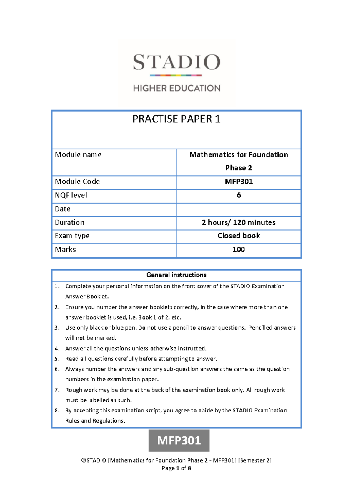 MFP301 Mathematics for Foundation Phase 2 Practise Paper 1 - Studocu