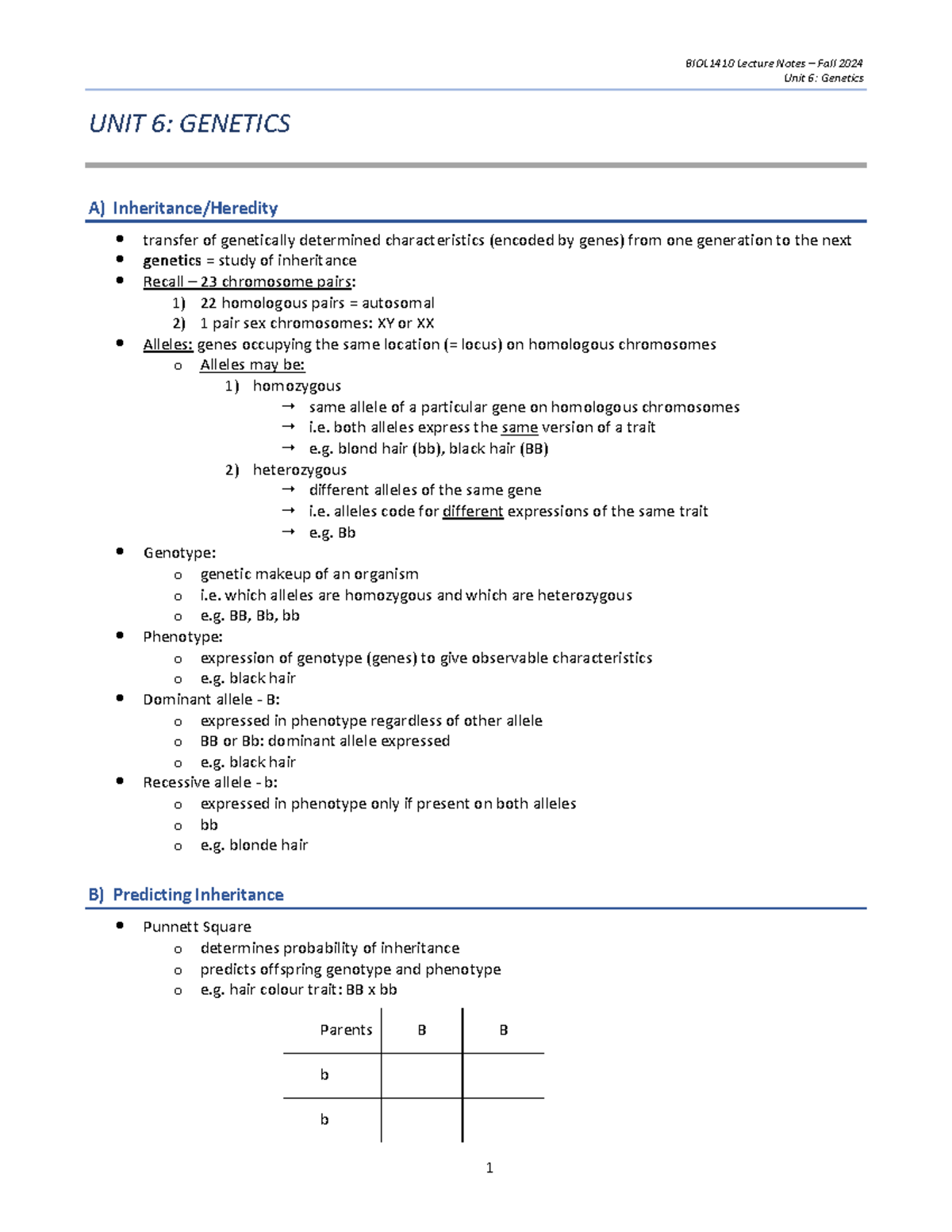 BIOL1410 Lecture Notes Fall 2024: Unit 6 - Genetics Overview - Studocu
