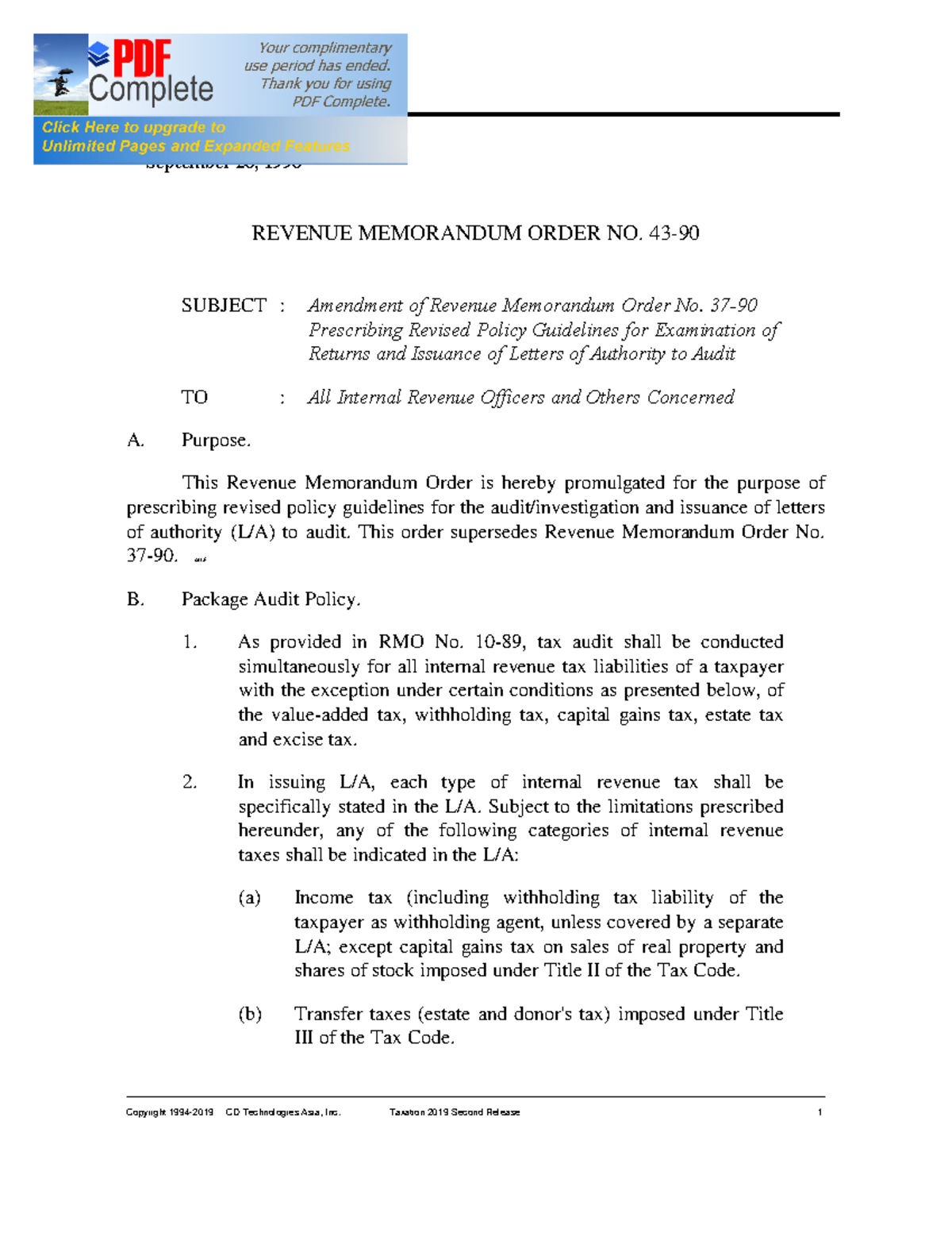 BIR Revenue Memorandum Order No. 43-90: Revised Audit Guidelines - Studocu