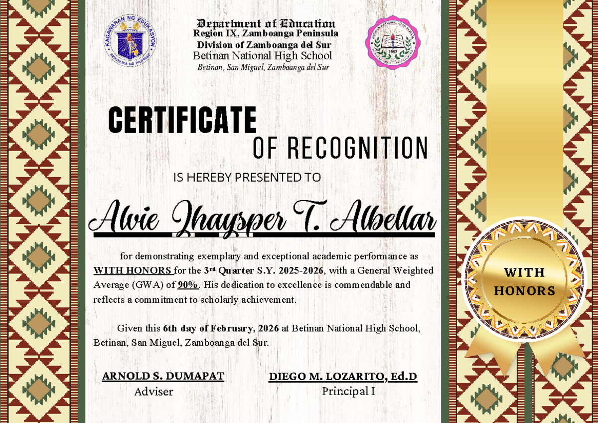 Certificate of Recognition for Academic Excellence - 3rd Quarter S.Y ...