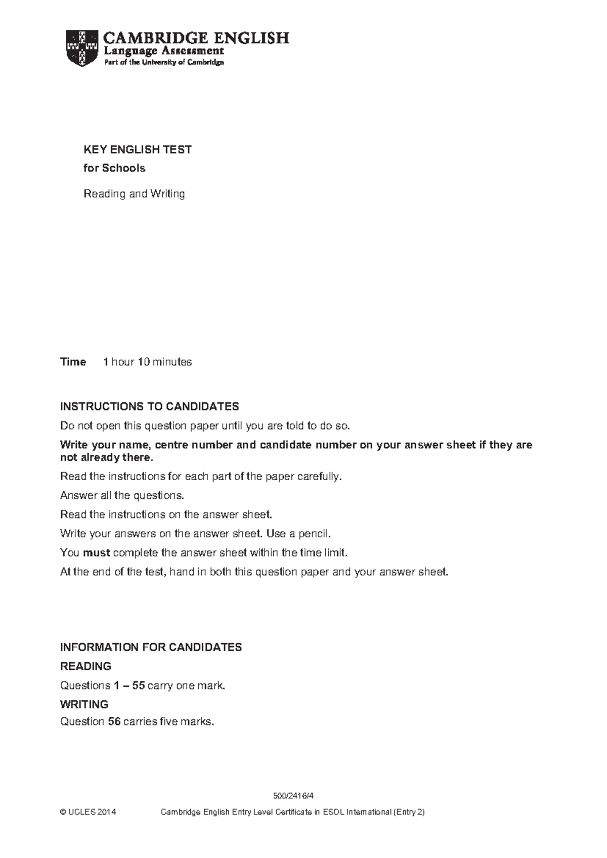 KET - Reading and Writing Test Paper 1 - Answer Key and Instructions ...