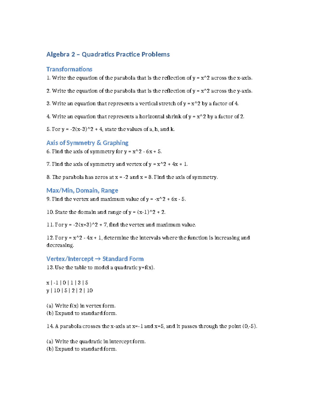 Algebra 2 Quadratics Practice Problems and Transformations - Studocu