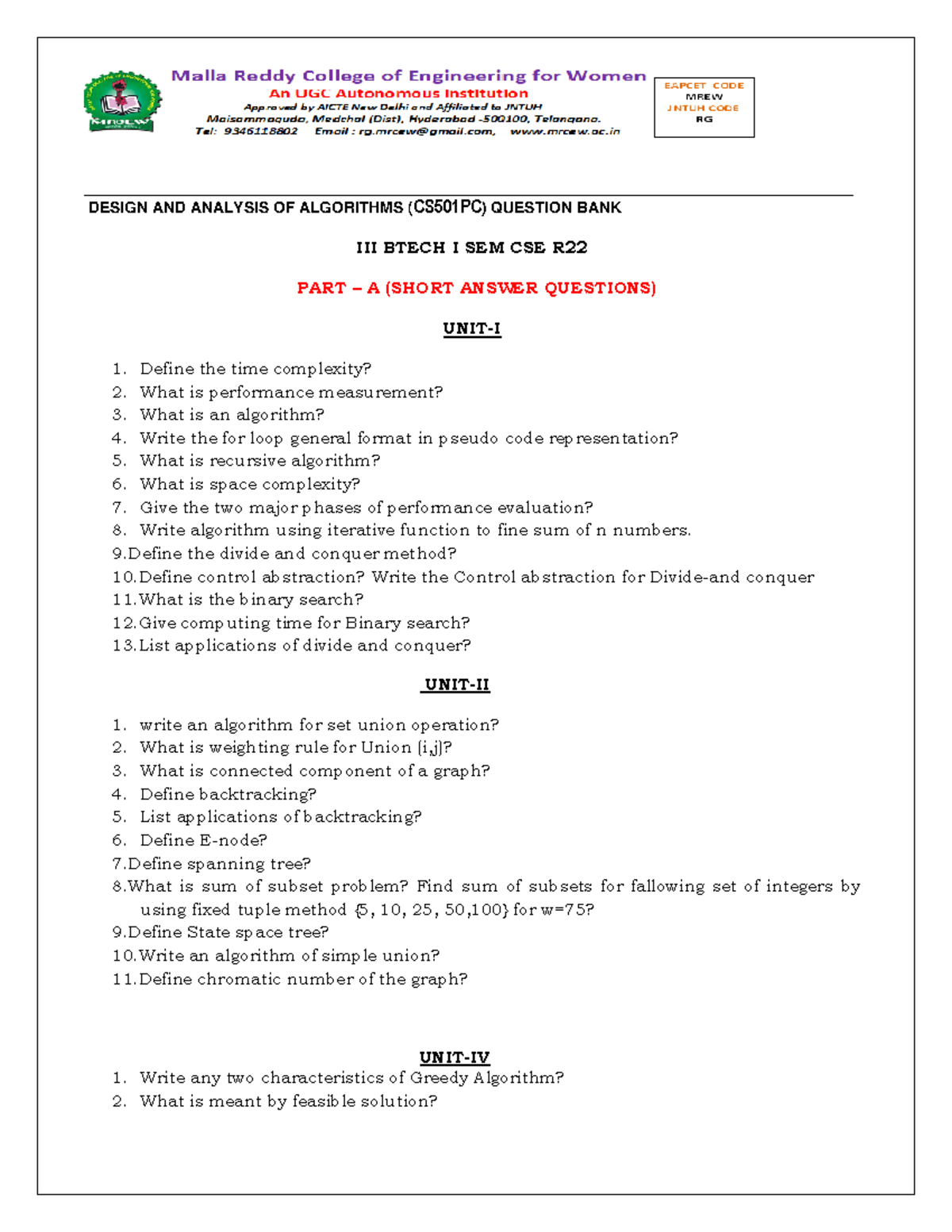 DAA Question Bank for CS501PC - Complete Guide and Short Answers - Studocu
