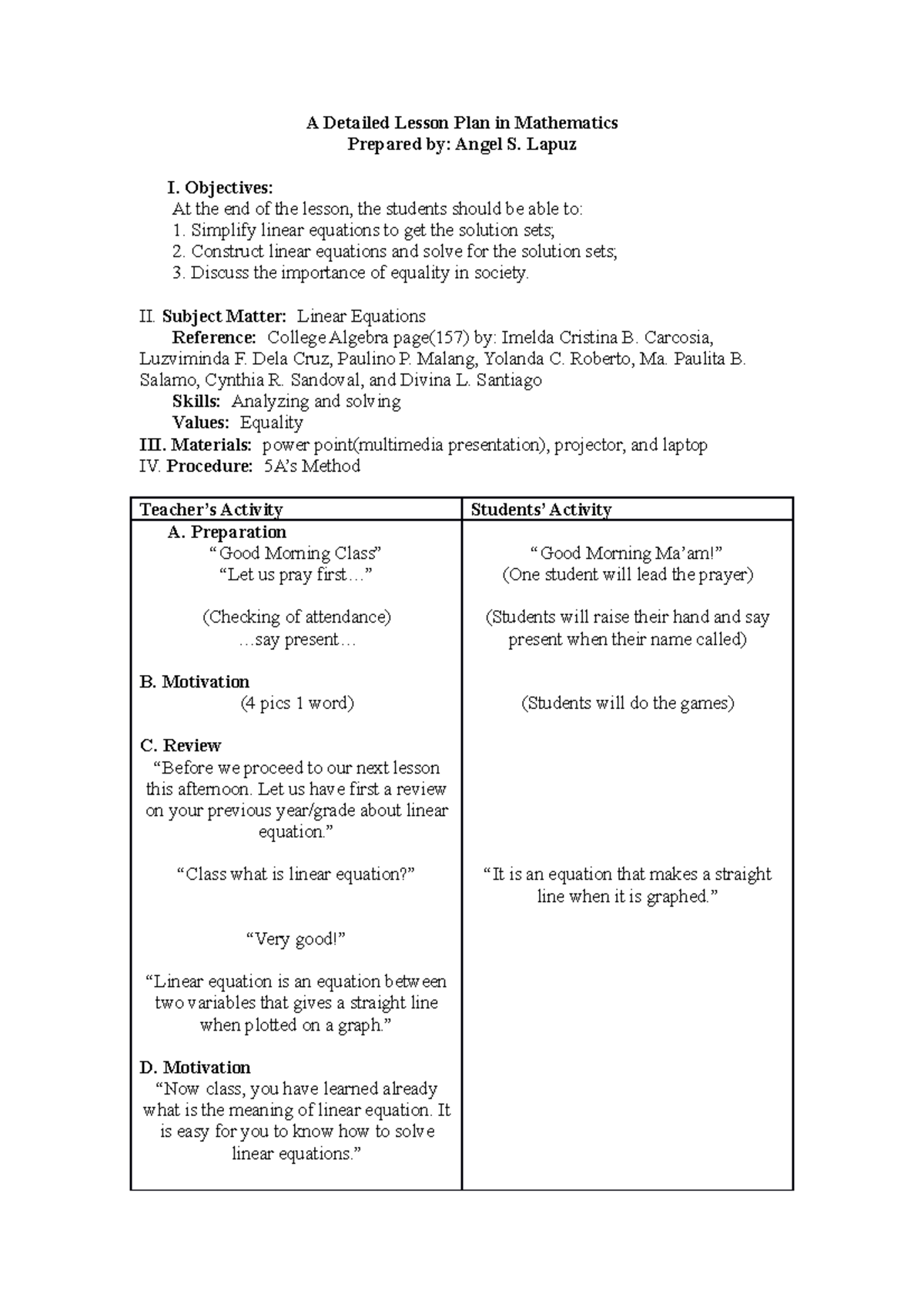 Detailed Lesson Plan: Linear Equations in Mathematics (Math 101) - Studocu