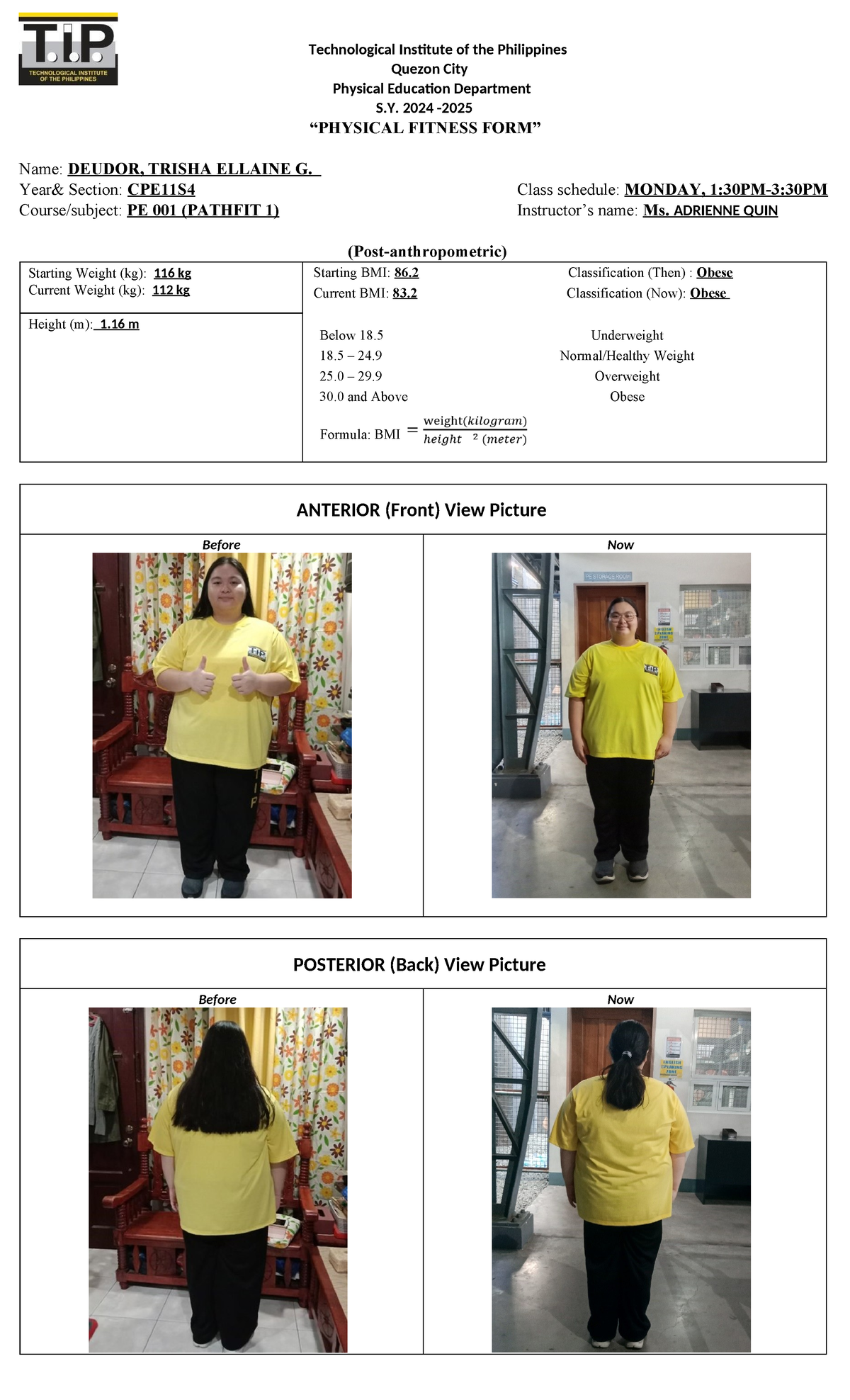 PE 001 (PATHFIT 1) Final Exam: Pre- & Post-Fitness Test Results - Studocu