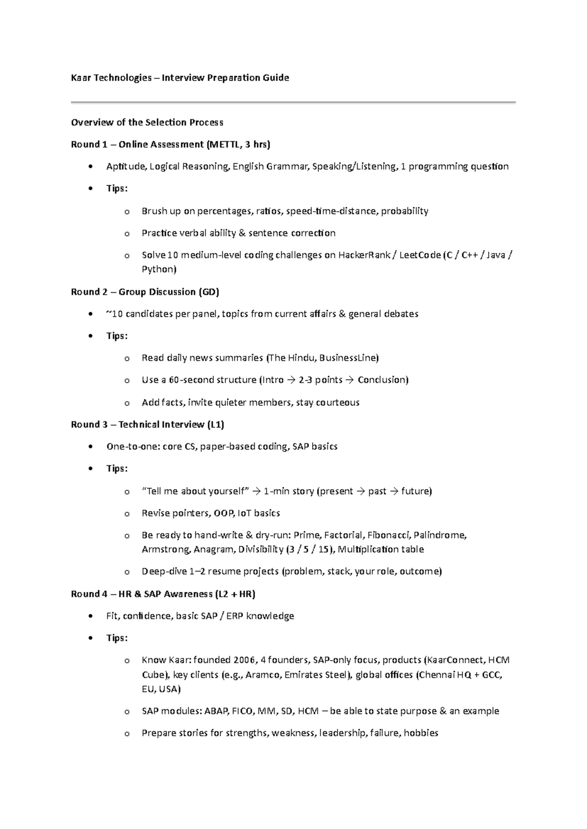 Kaar Technologies Interview Prep Guide: Selection Process & Tips - Studocu