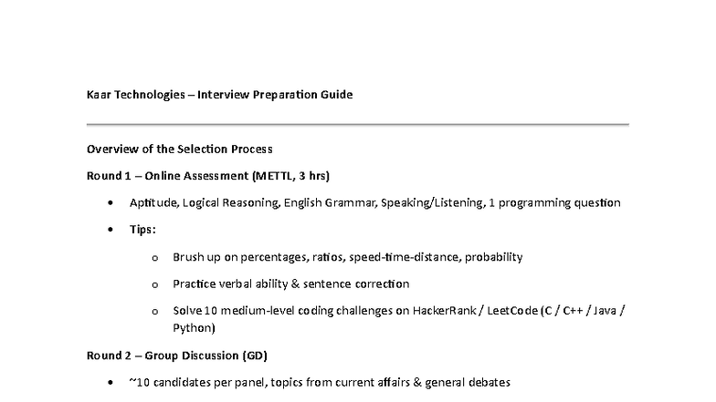 Kaar Technologies Interview Prep Guide: Selection Process & Tips - Studocu