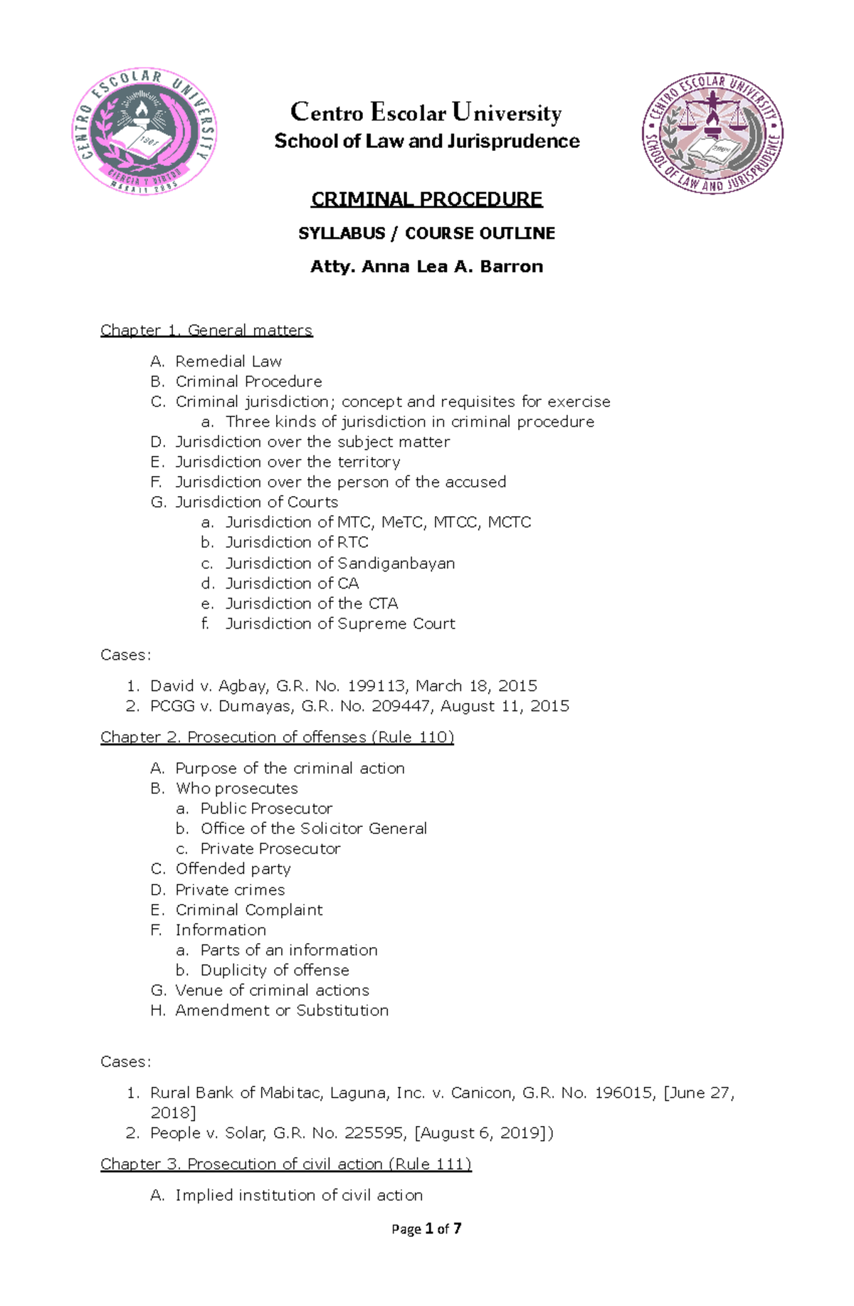 Criminal Procedure Syllabus 2024: Comprehensive Course Outline by ...