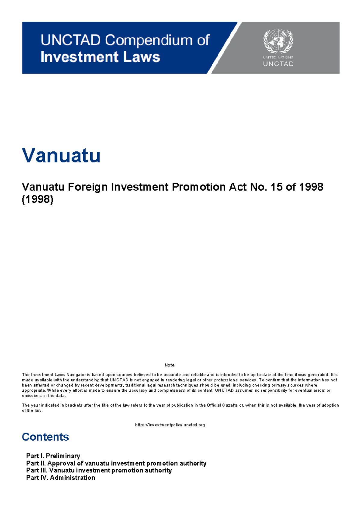Vanuatu Foreign Investment Promotion Act No. 15 of 1998: Overview - Studocu