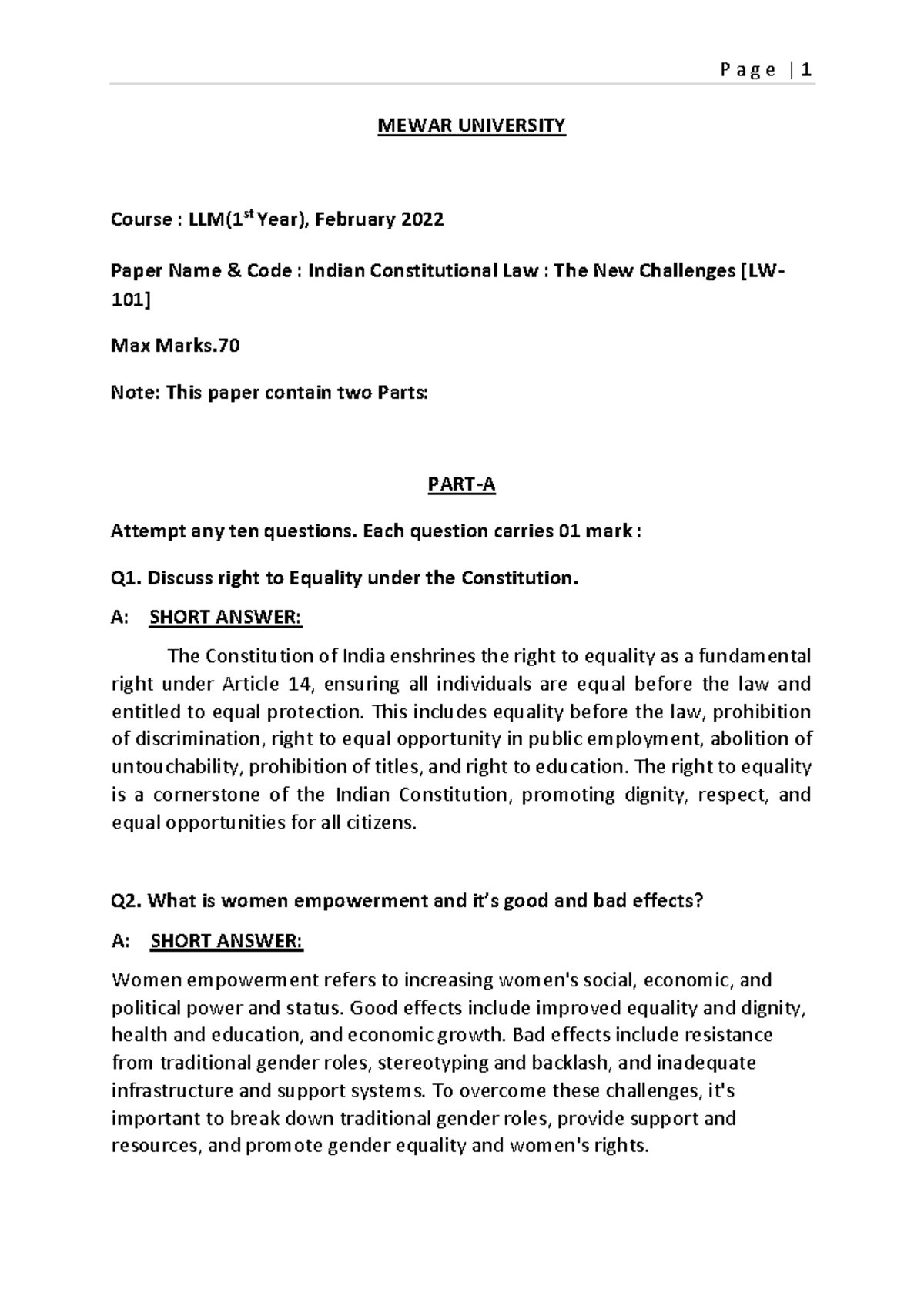 Indian Constitutional Law - The New Challenges [LW-101] - Note: This ...