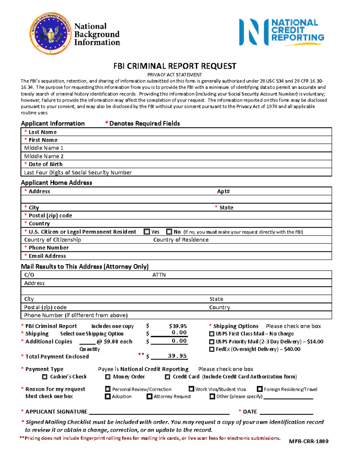 FBI Criminal Report Request - FBI CRIMINAL REPORT REQUEST PRIVACY ACT ...