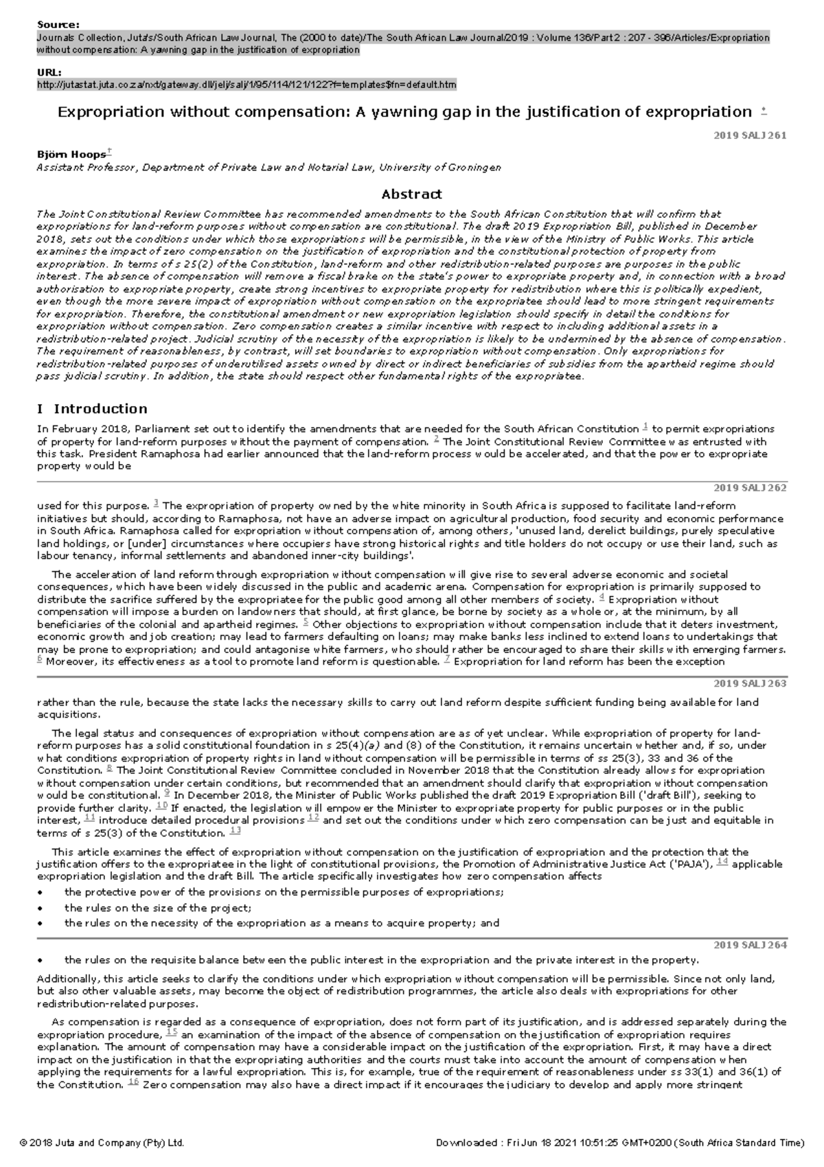 Expropriation Without Compensation: Analyzing Justification Gaps - SALJ ...