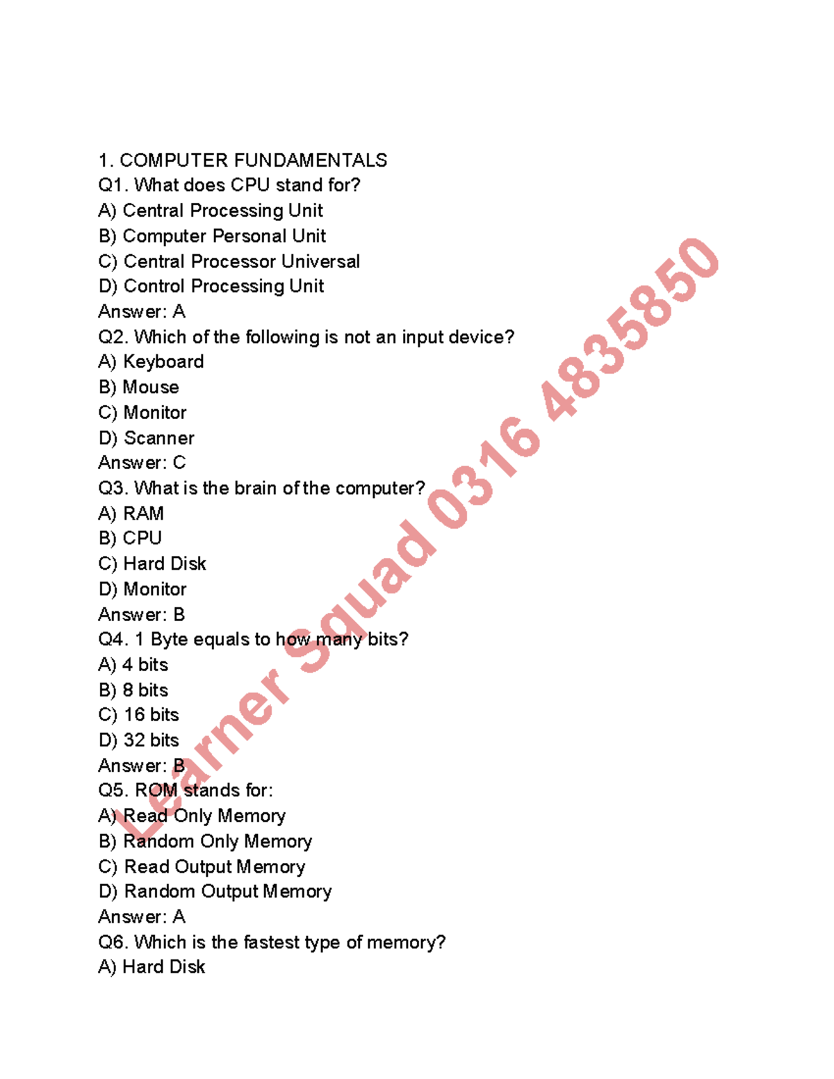 Computer Fundamentals MCQs - Course Code: CF 101 - Studocu