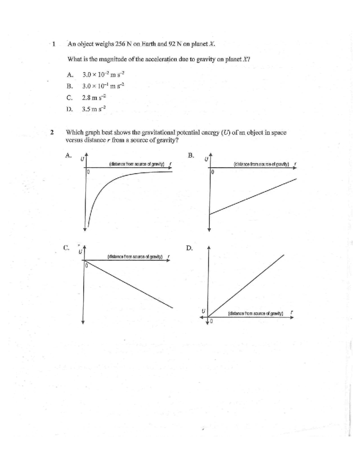Independent Physics 24 Questions: Gravitational Forces & Energy ...
