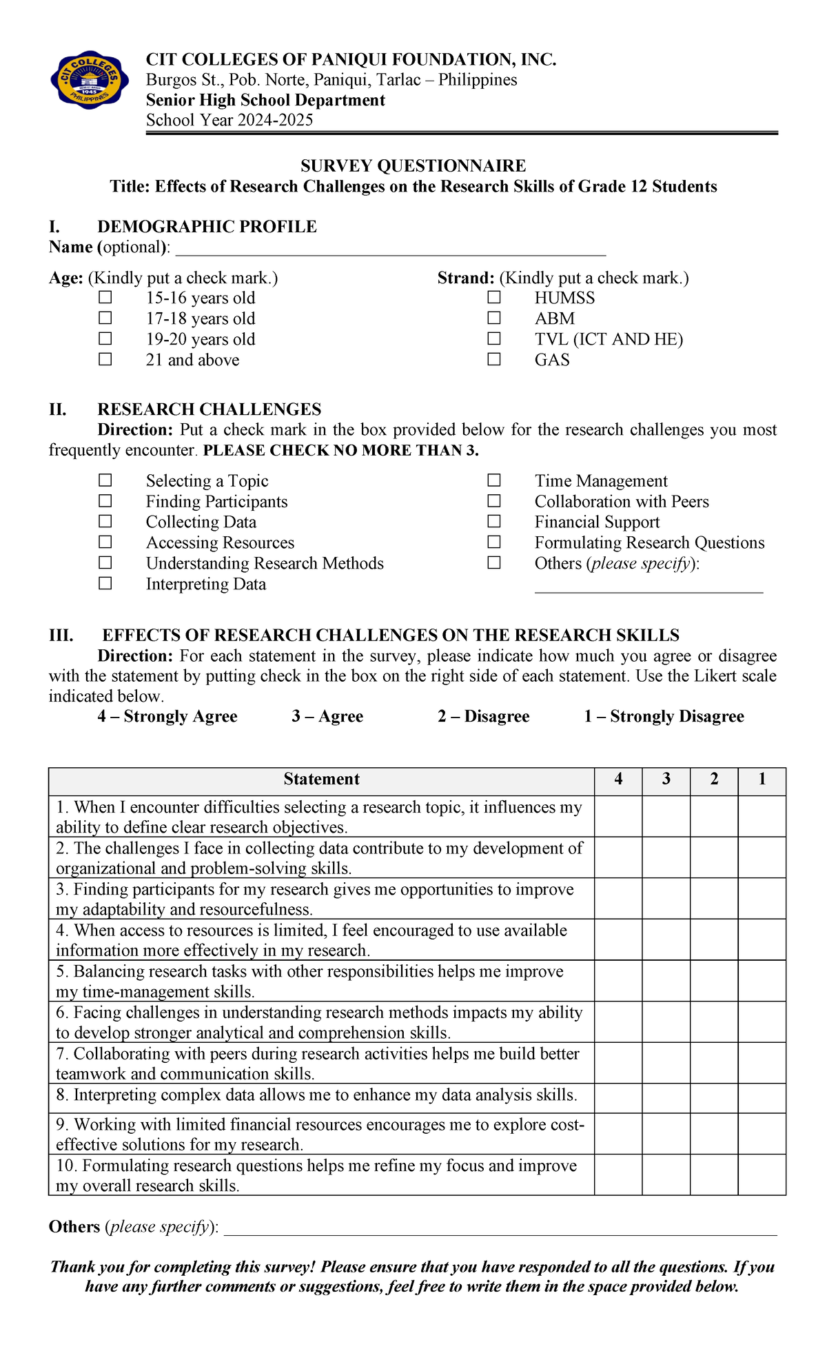Survey Questionnaire - CIT COLLEGES OF PANIQUI FOUNDATION, INC. Burgos ...