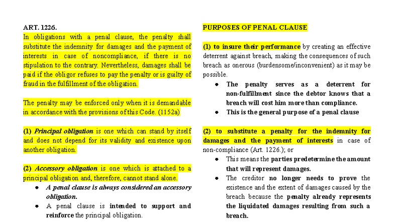 Penal Clause Script - ART. 1226. In obligations with a penal clause ...